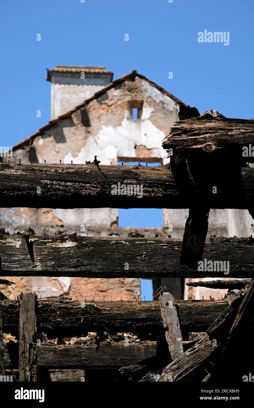 Inside the ruin of a burned out building after the fire took the roof ...