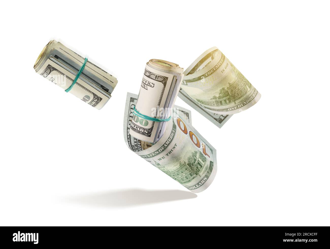 Hundreds of floating dollars in cash. Flying hundred dollar bills, on a ...