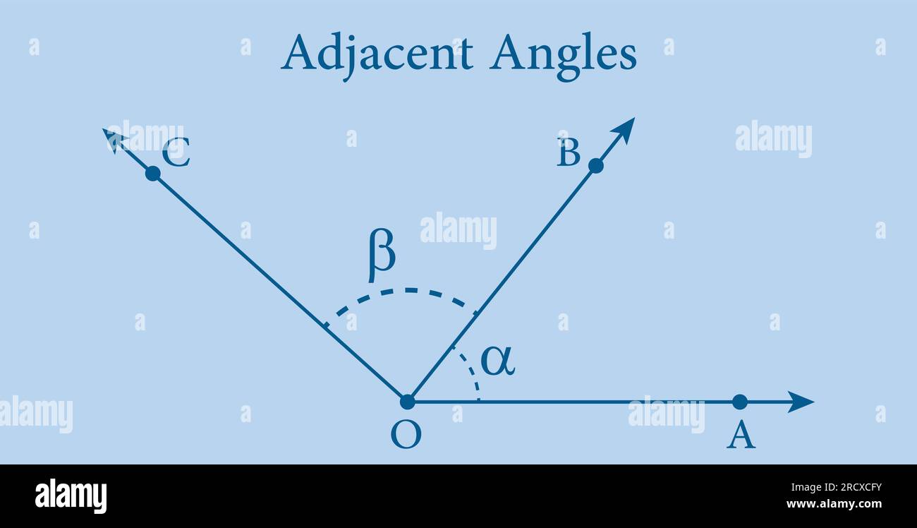 Adjacent angles in mathematics. Two angles with common vertex and side. Vector illustration ...