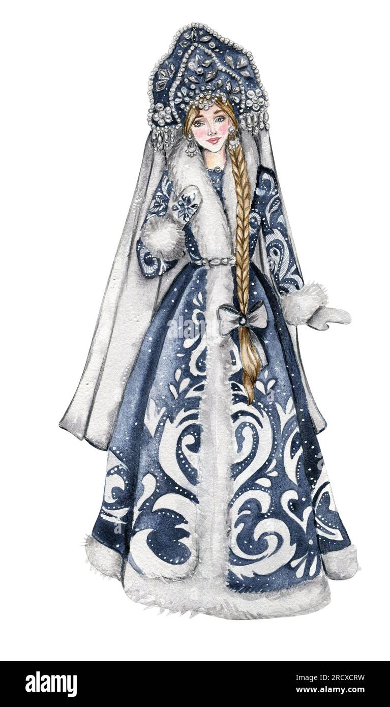 The Snow Maiden in a christmas dress. Watercolor illustration. Snow ...