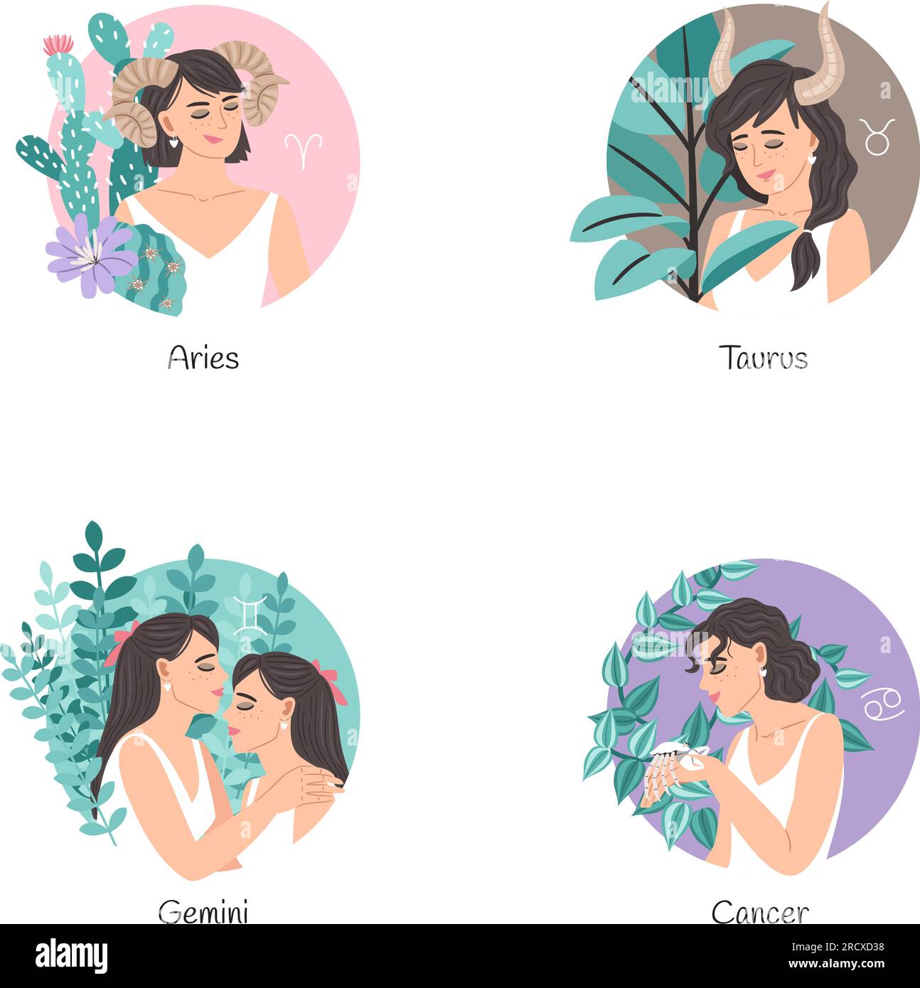 Zodiac collection set with beautiful woman, Aries, Taurus, Gemini, Cancer, horoscope astrology ...
