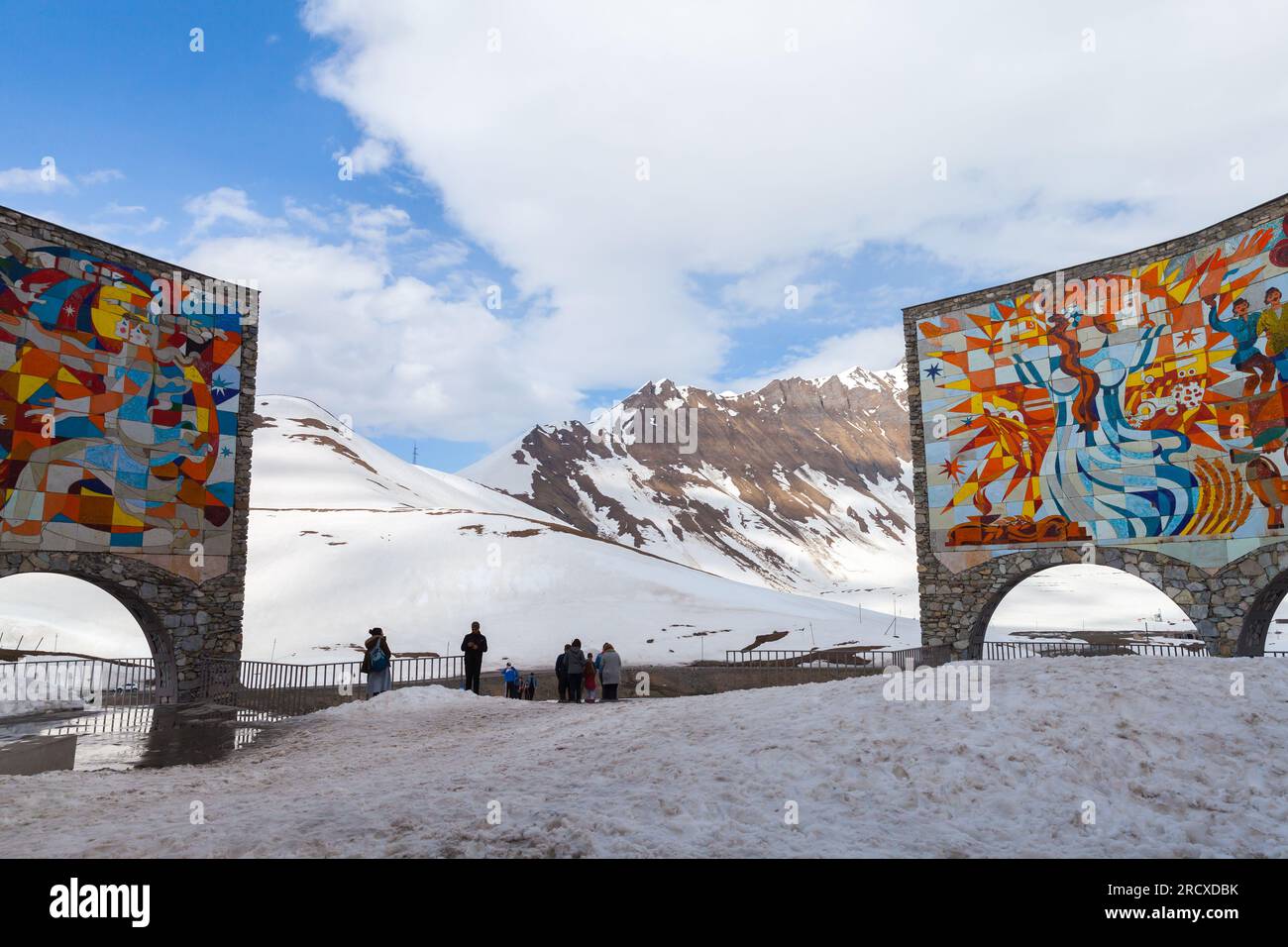 Gudauri, Georgia - May 1, 2019: Tourists visit The Russia–Georgia ...