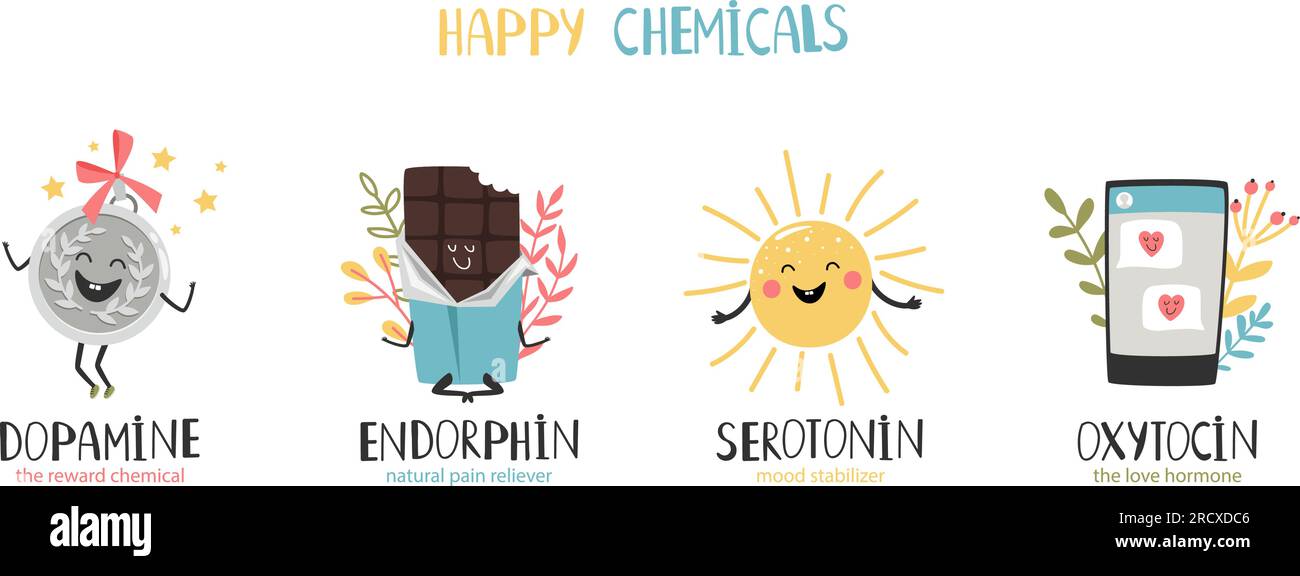 Serotonin, endorphin, dopamine, oxytocin. Hormones colorful vector ...