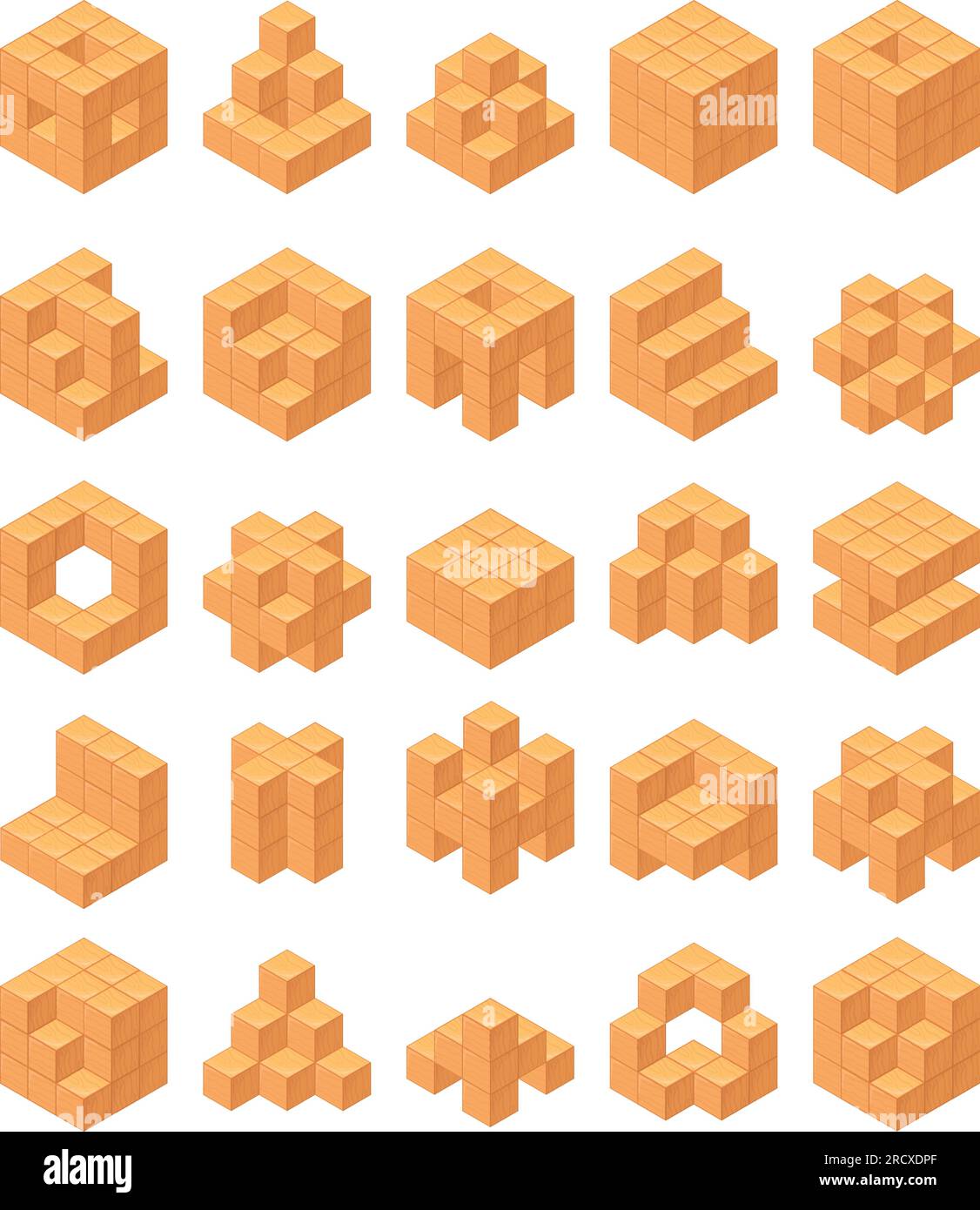 Isometric wooden cubes. Wood constructor cube miniature block for shape ...
