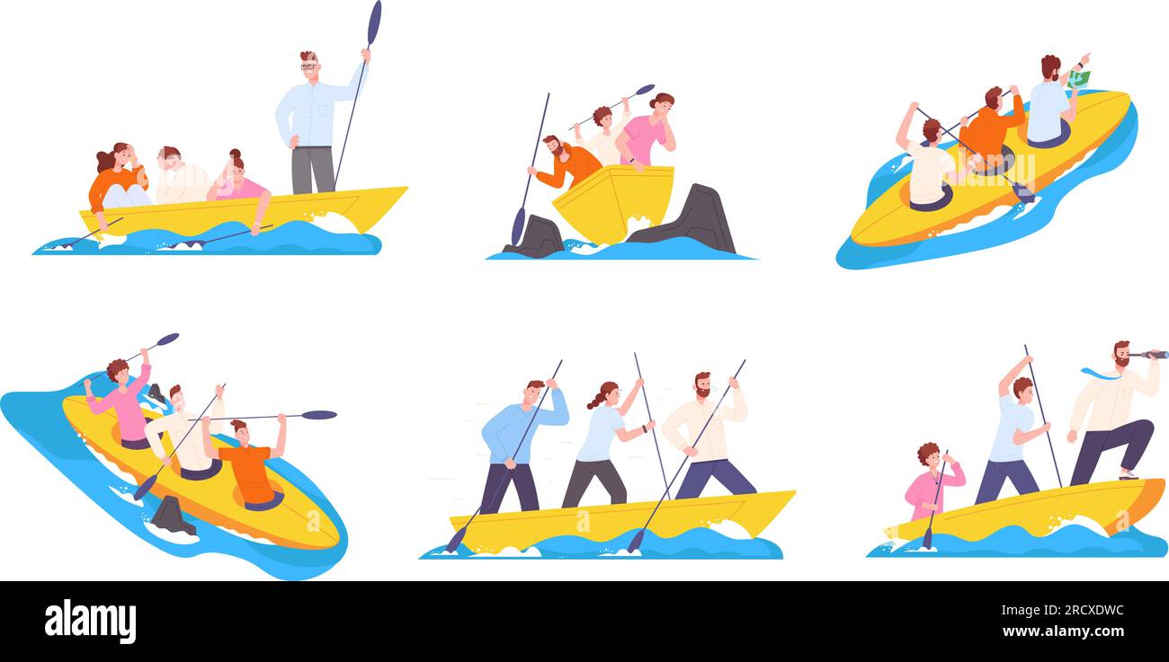 Leadership boats. Businessman leader on boat lead business team to ...