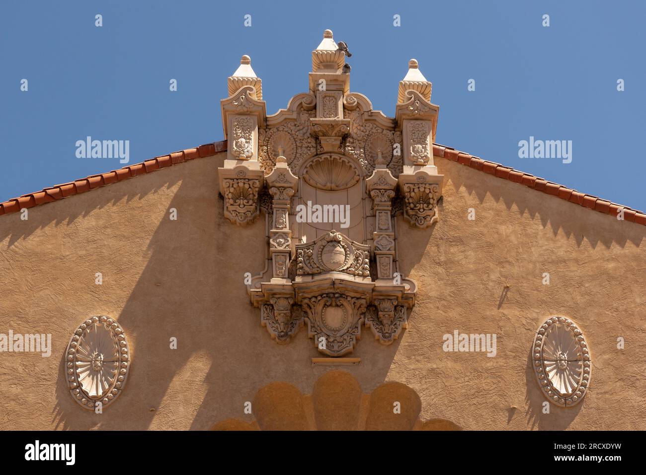 Decorative facade at the roofline of the Lensic Performing Arts Center ...