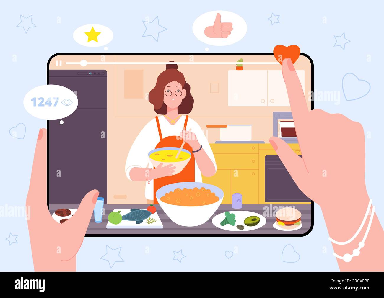 Cooking blog. Hands holding tablet cook processing video or culinary tv ...