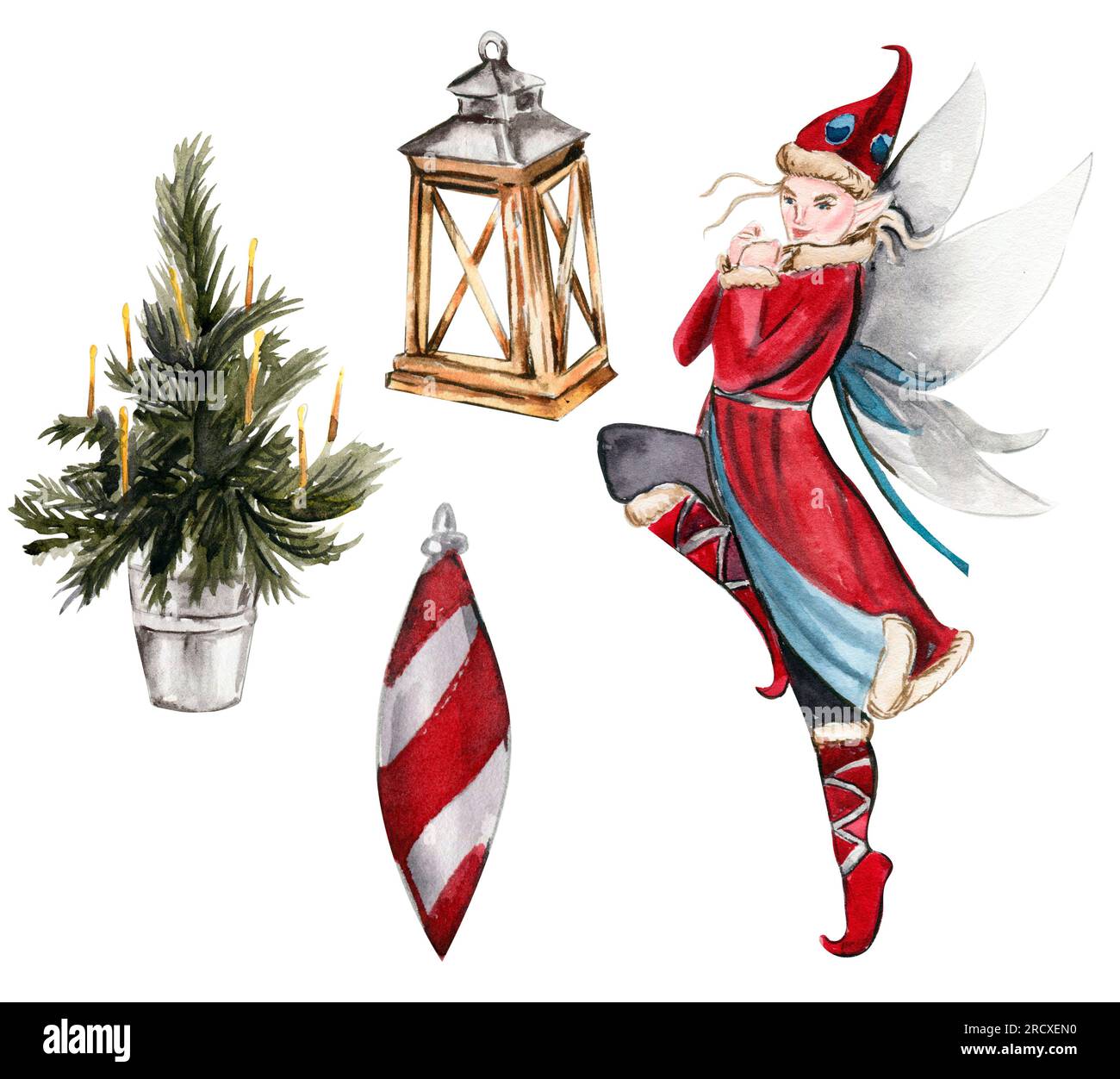 Watercolor illustration of Christmas tree, lamp and elf. Watercolor ...