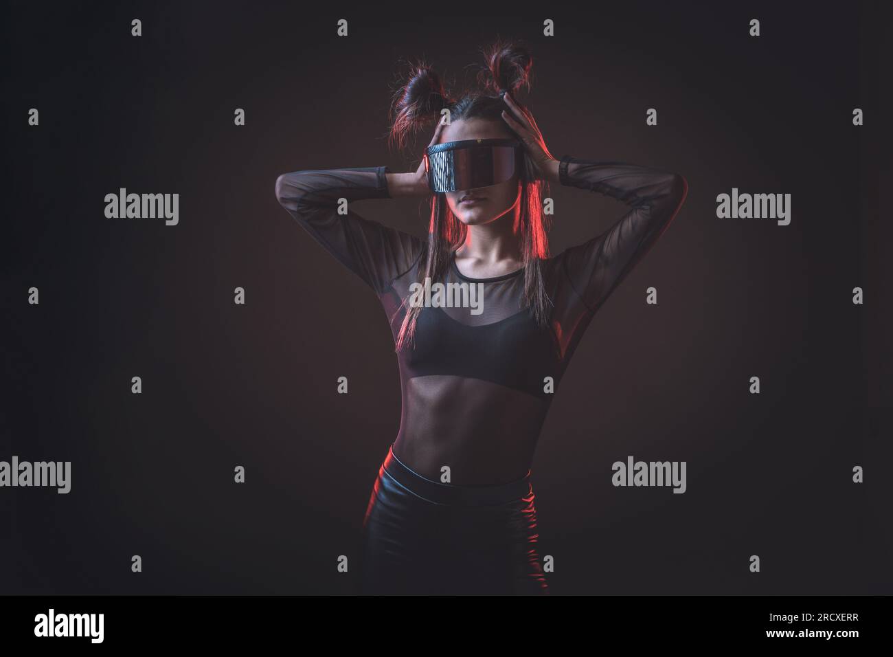 Portrait of beautiful cyber model woman posing wearing futuristic ...