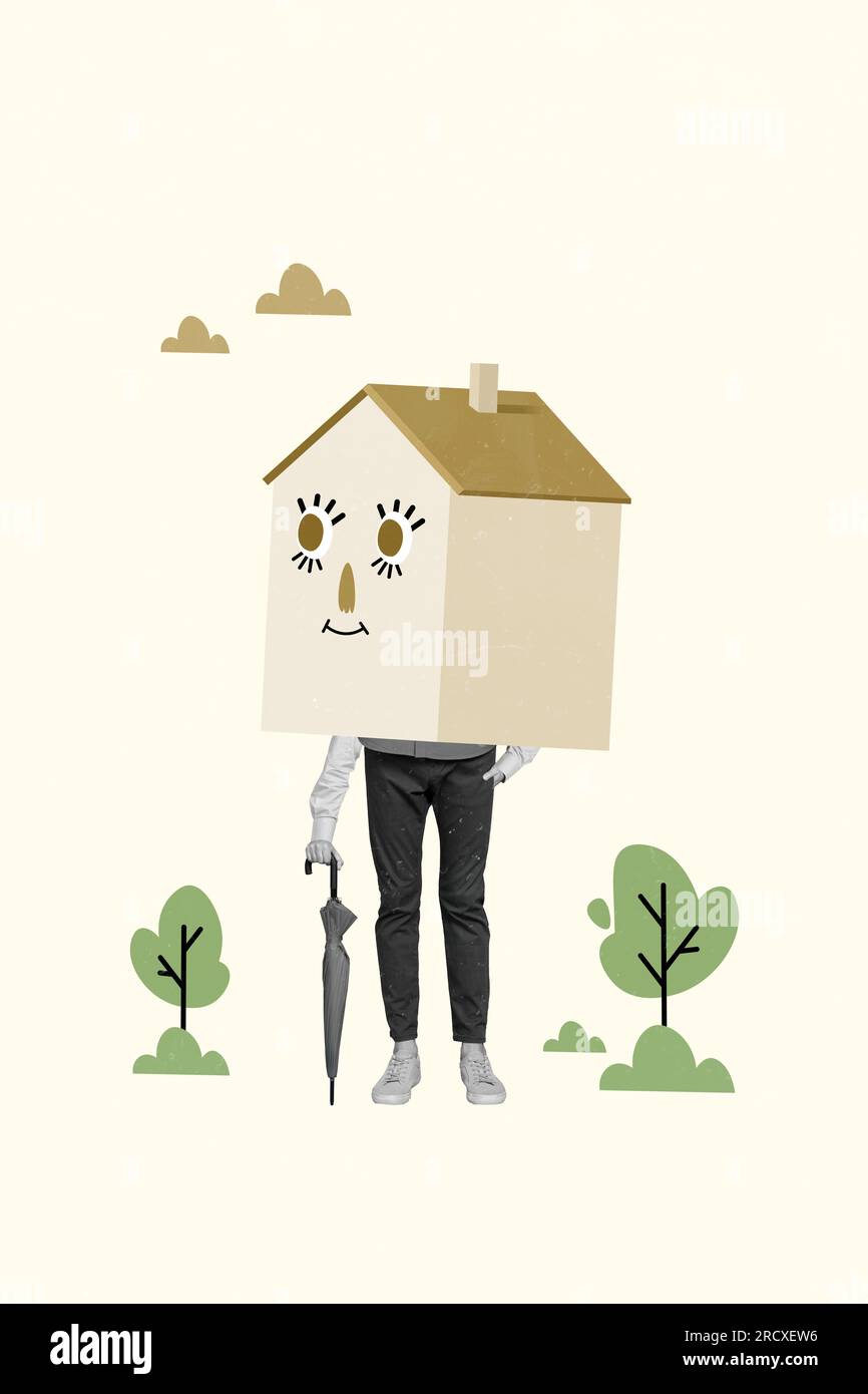 Vertical collage picture of headless surreal absurd house apartment ...