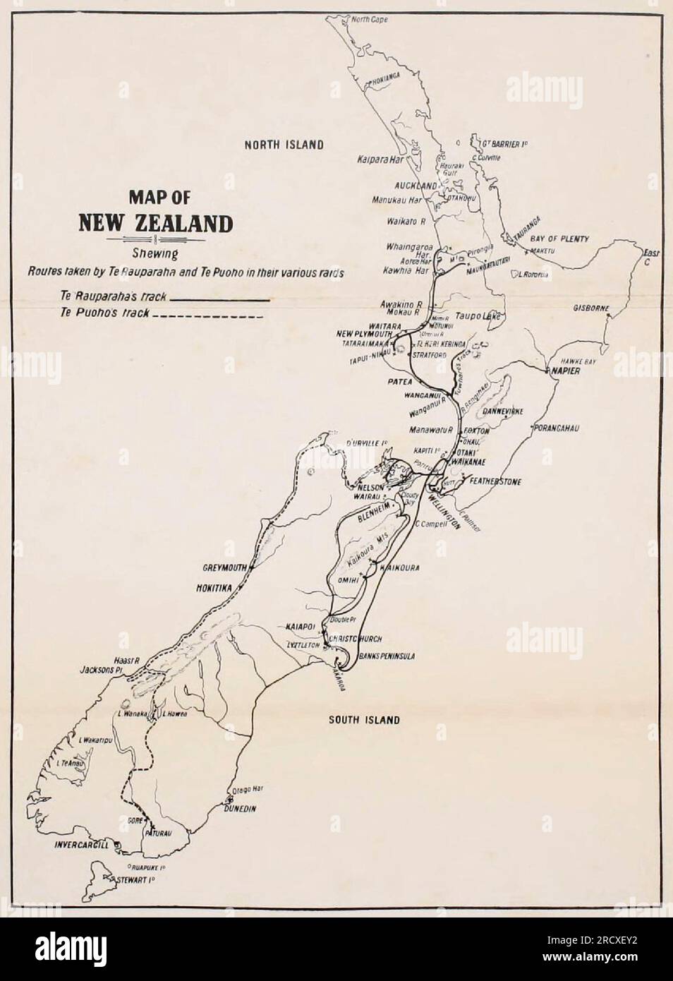 Map of New Zealand showing the route of the invasions by Te Rauparaha ...