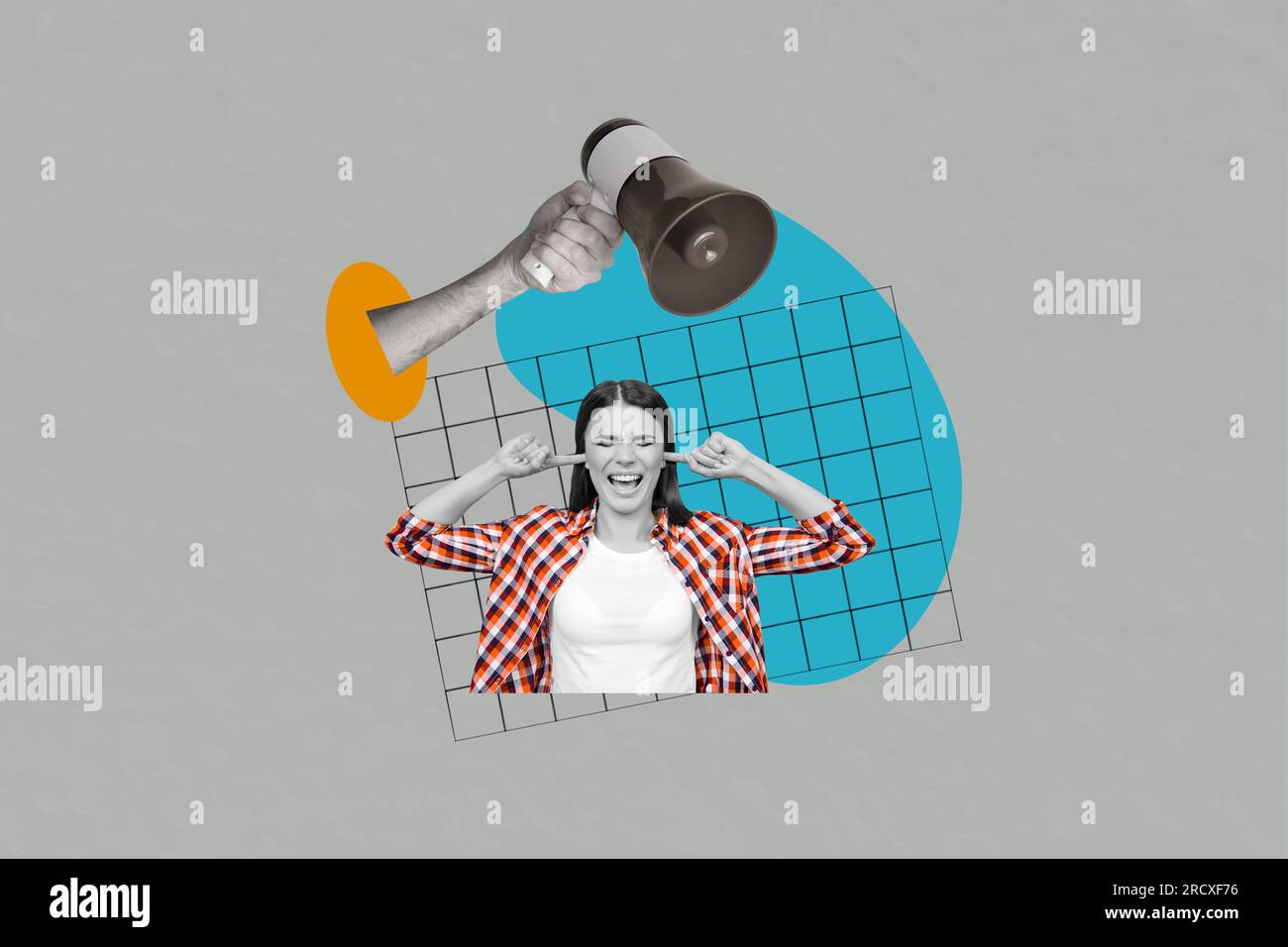 Photo banner template collage of young woman avoid listen loud voice ...