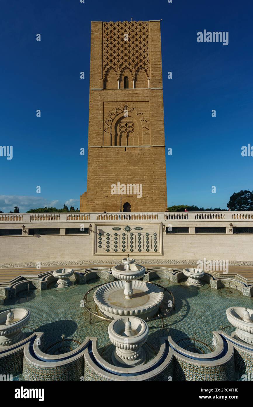 Morocco. Rabat. The magnificent Hassan Tower and the fountain on the ...