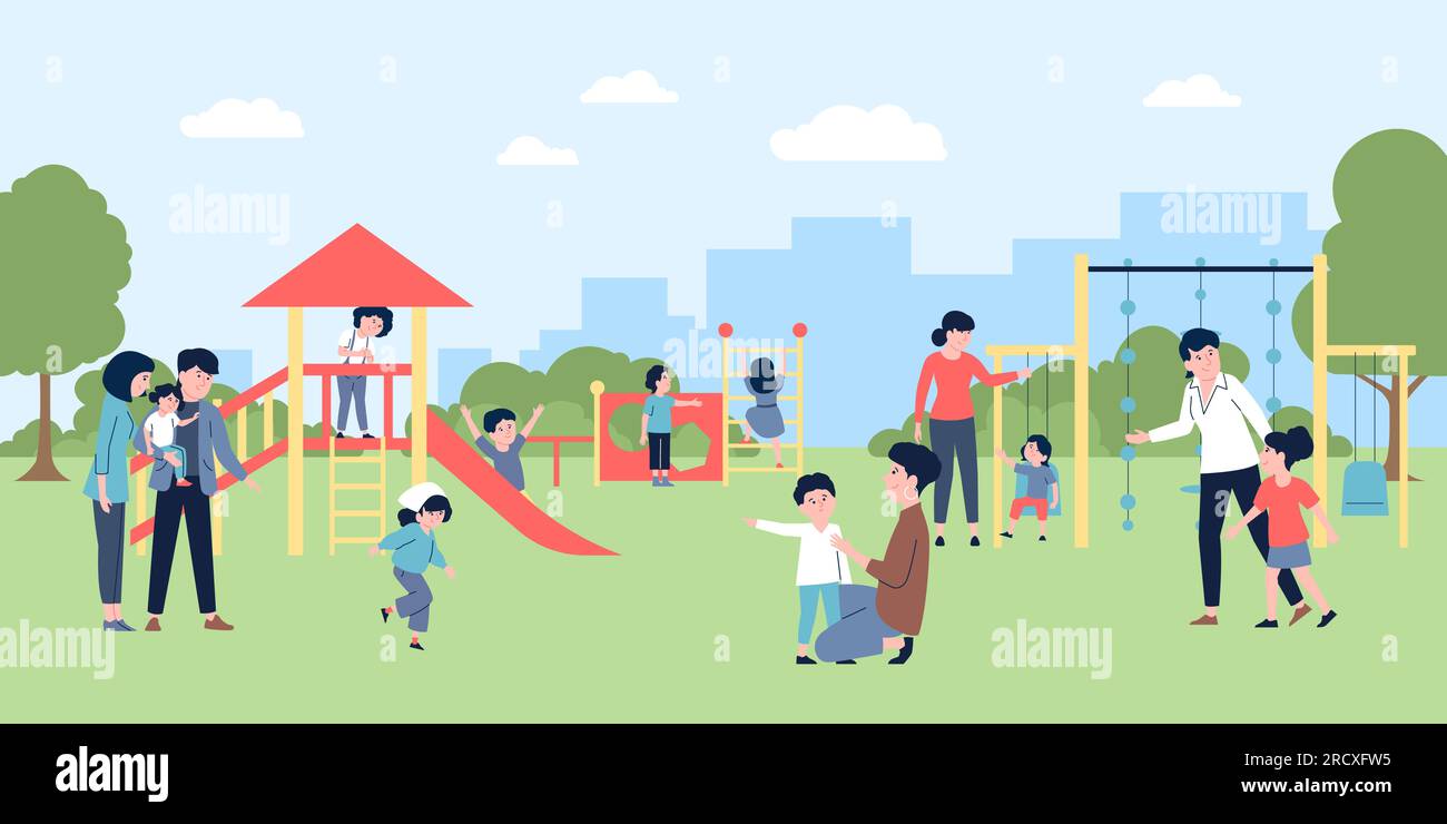 City park children playground with mother and father. Summer outdoor ...