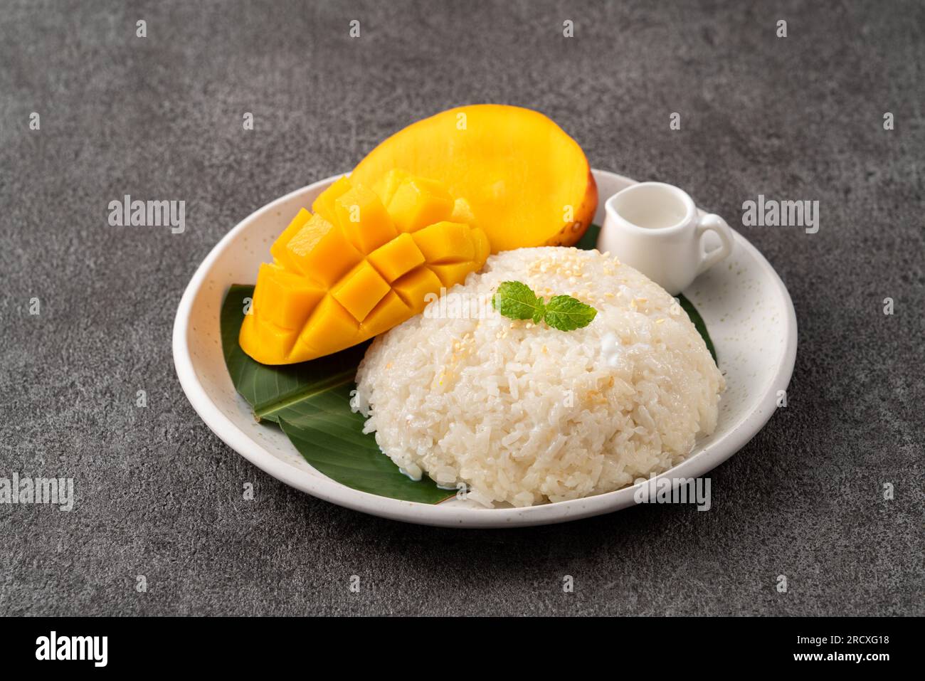 Delicious Thai mango sticky rice with cut fresh mango fruit in a plate ...