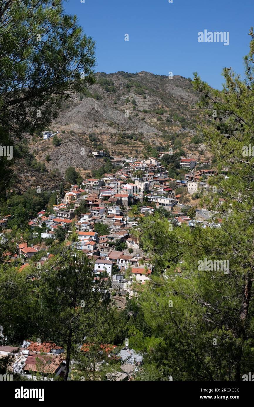 Aerial drone photograph of the mountain village of Palaichori. Nicosia ...