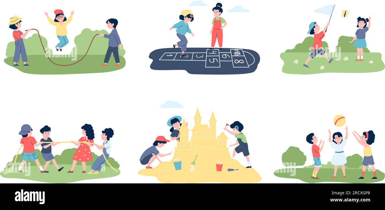 Kids outdoor play hopscotch, game children on nature. Cartoon child ...