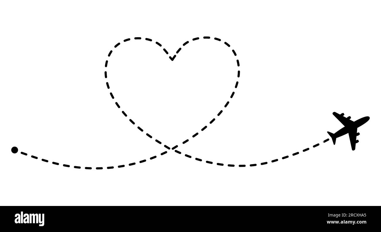 Airplane Heart Route With Dashed Lines On White Background Love Trip