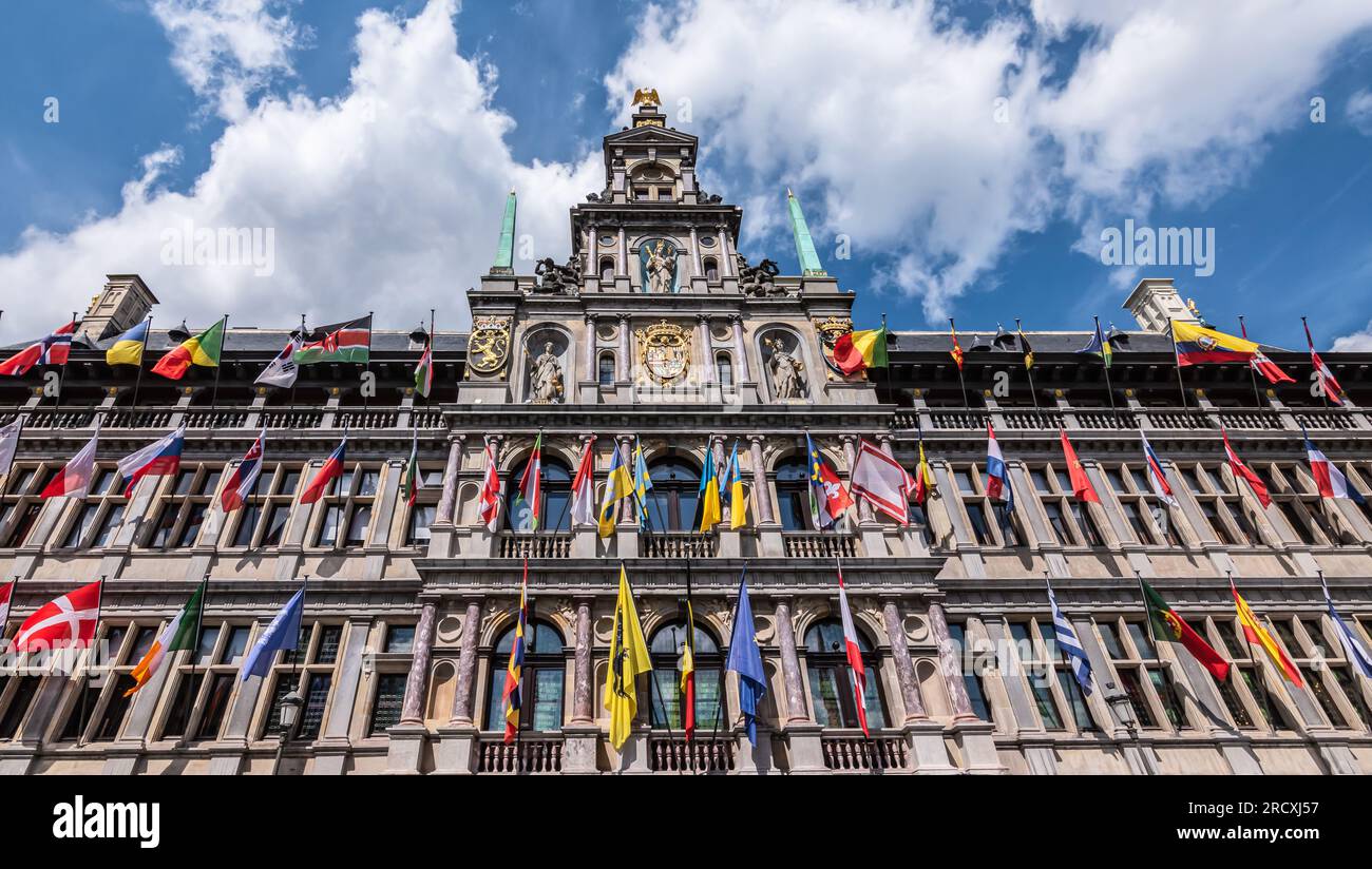 Antwerp City hall with flags, Belgium Stock Photo - Alamy