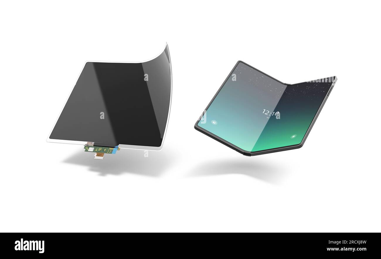 Black flexible book display phone and tablet screen mockup, isolated ...