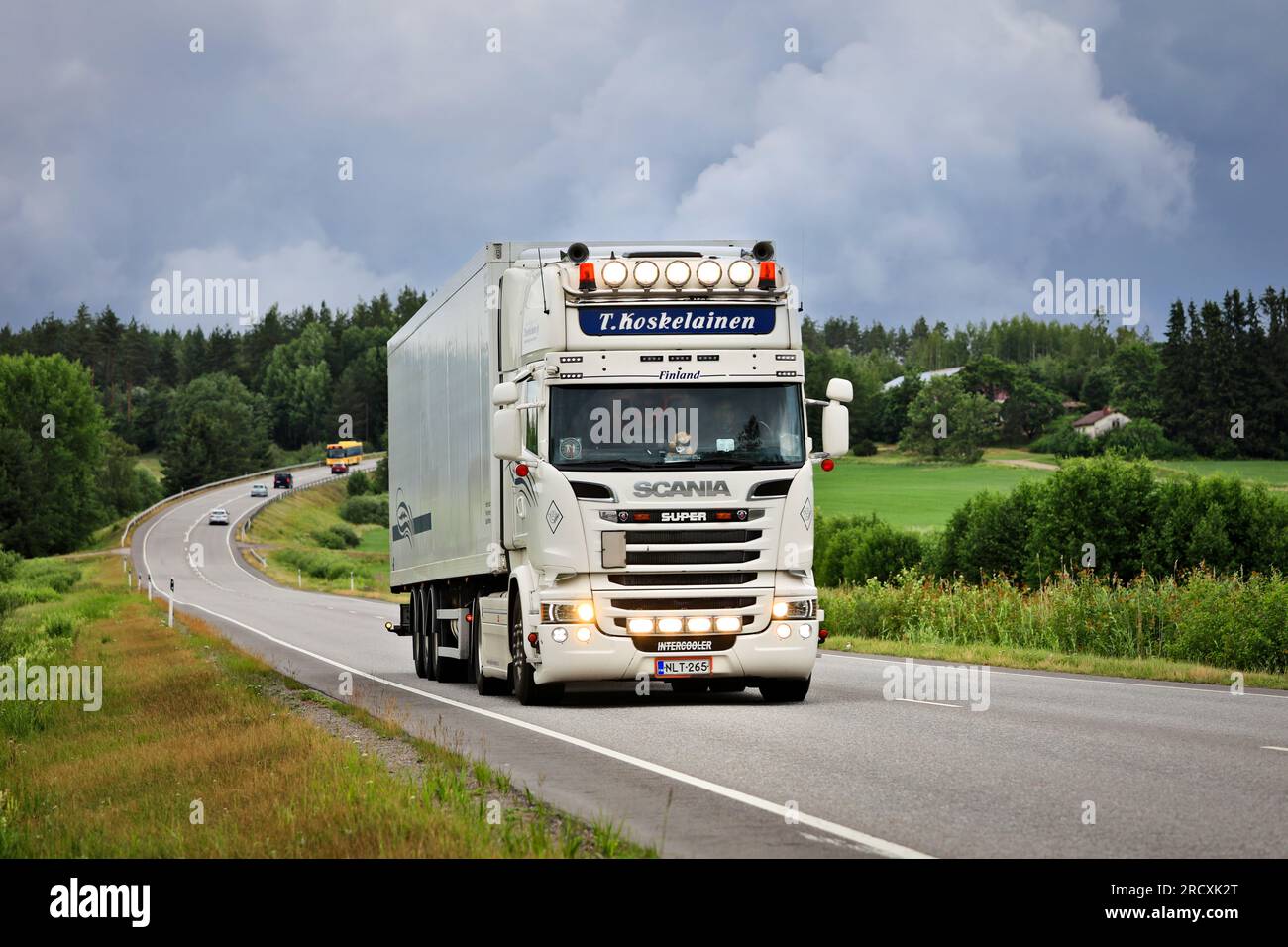 Road landscape with beautiful Scania truck Kuljetusliike T. Koskelainen ...