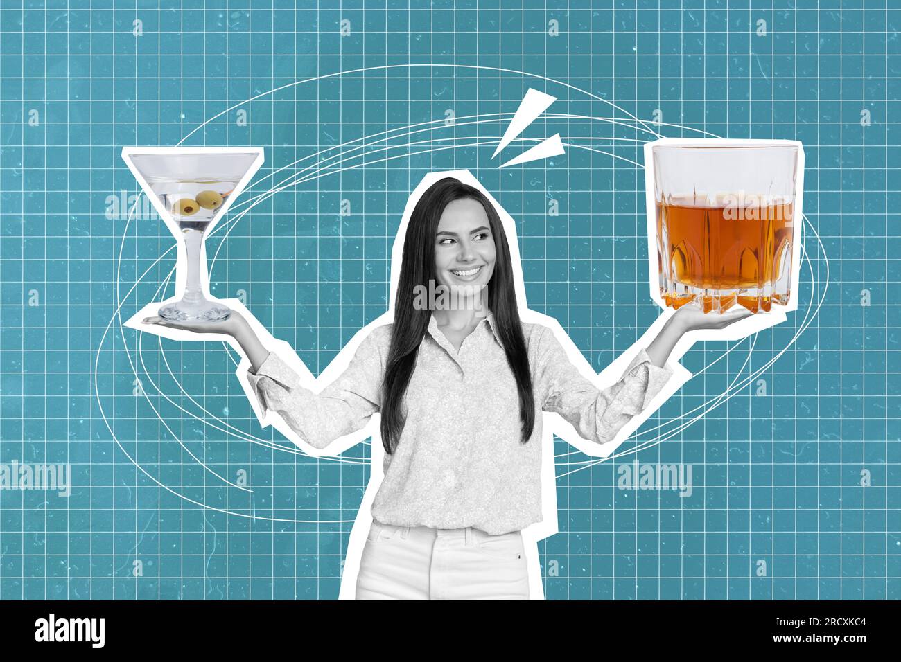 Collage picture of cheerful black white colors girl arms hold compare ...