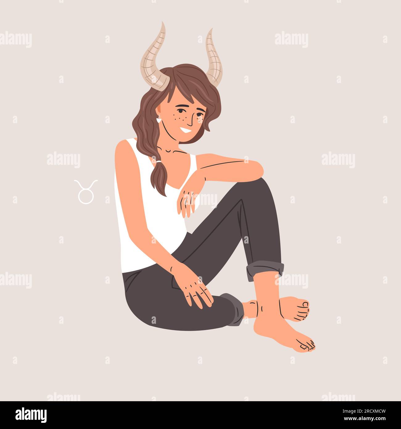 Woman with zodiac sign Taurus horns, horoscope astrology symbol with ...