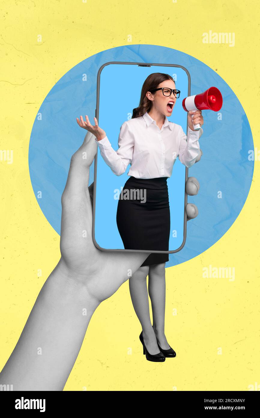 Collage 3d image poster of aggressive mad furious lady girl on phone ...