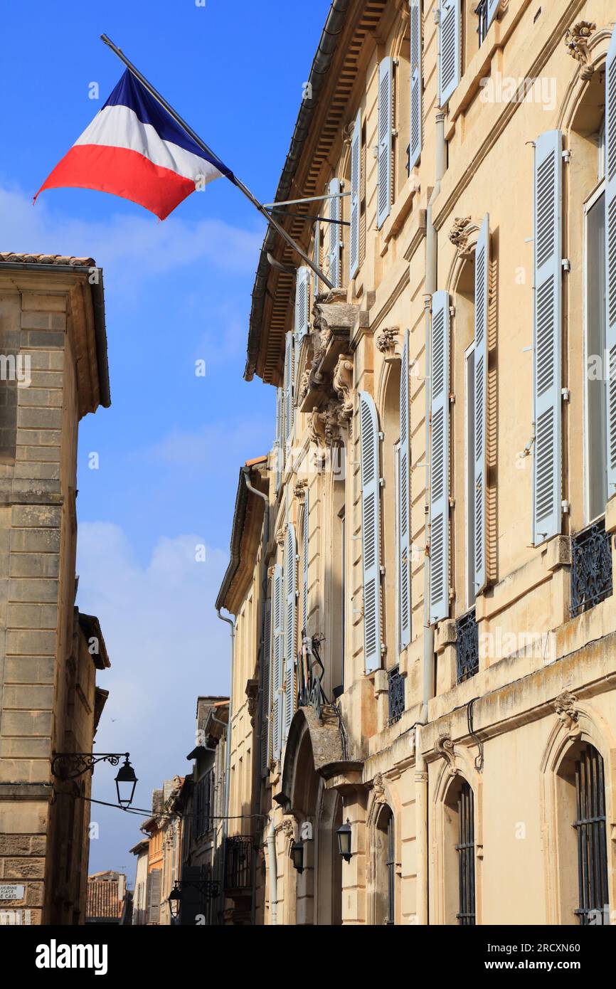French flag in Arles, France. Street view of Arles old town Stock Photo ...