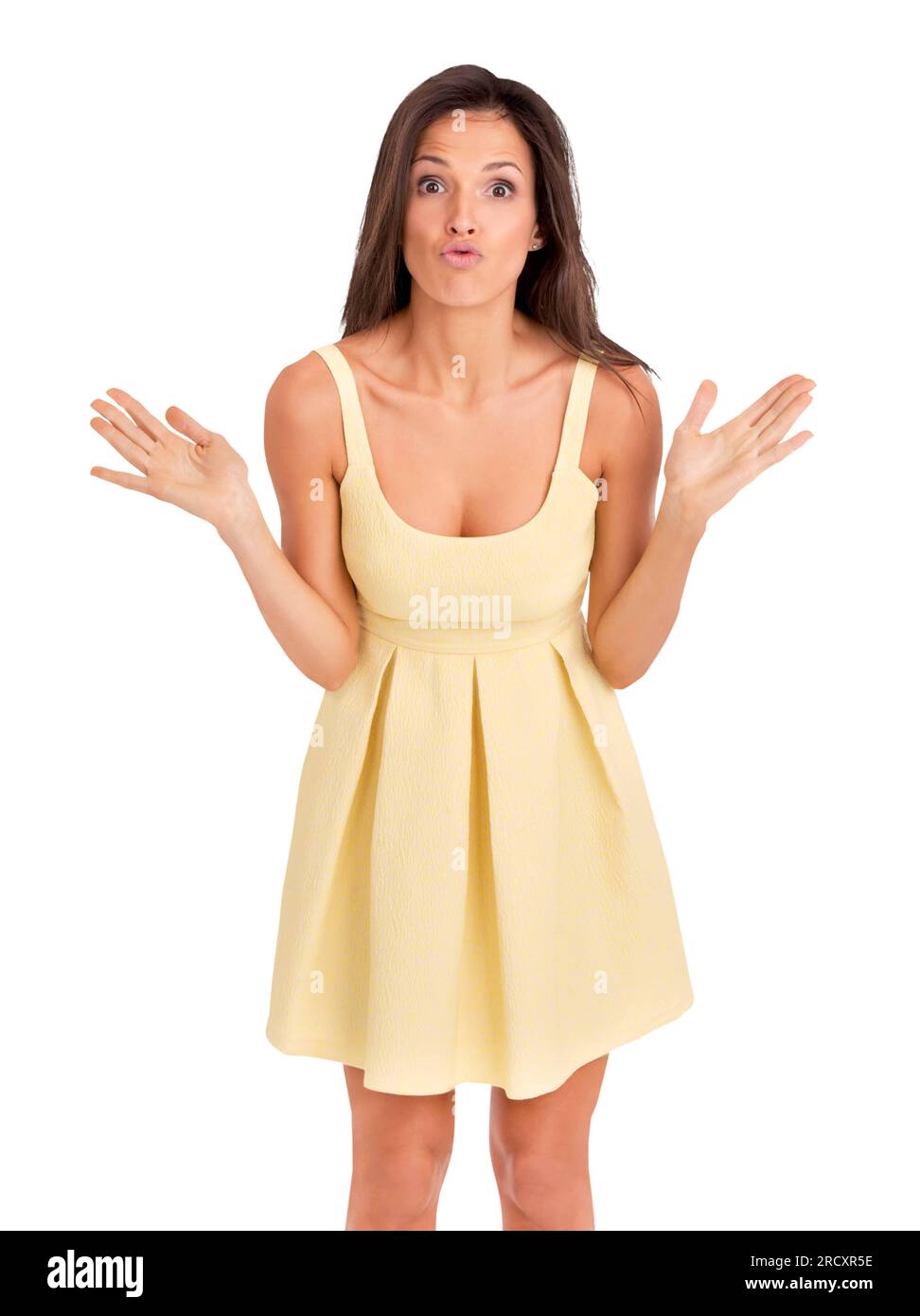 Fashion, goofy and portrait of woman in a dress for elegant, stylish or ...