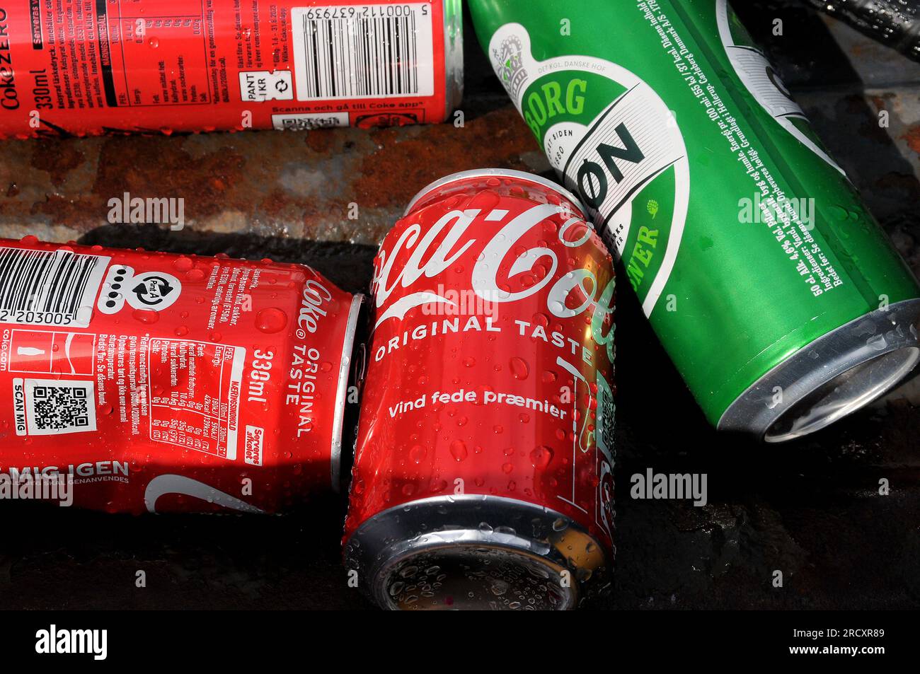 Copenhagen/Denmark/17 July 2023/various can coke beer tuborg and coca ...