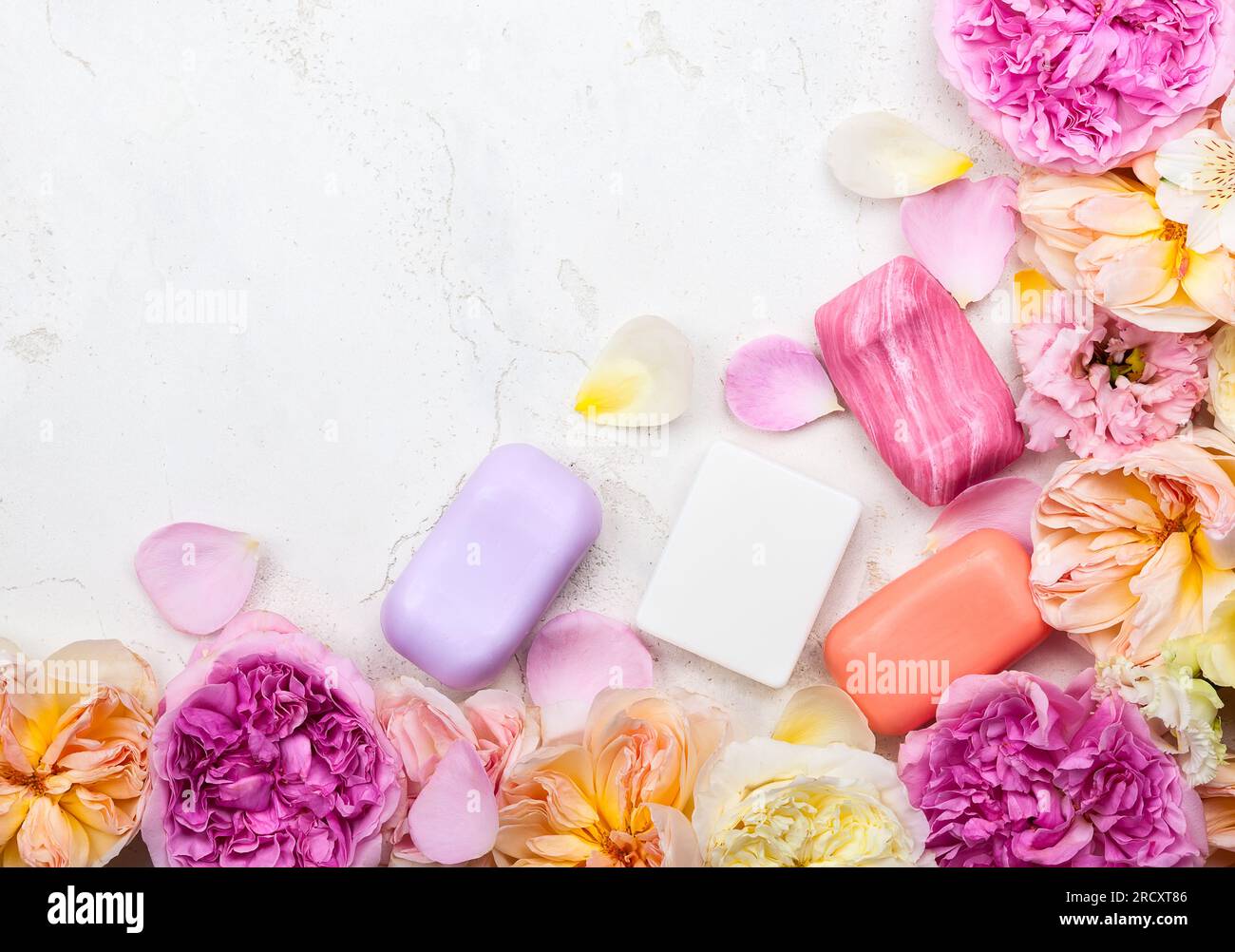 Spa concept with various of soap bar and flowers.Overhead view Stock ...