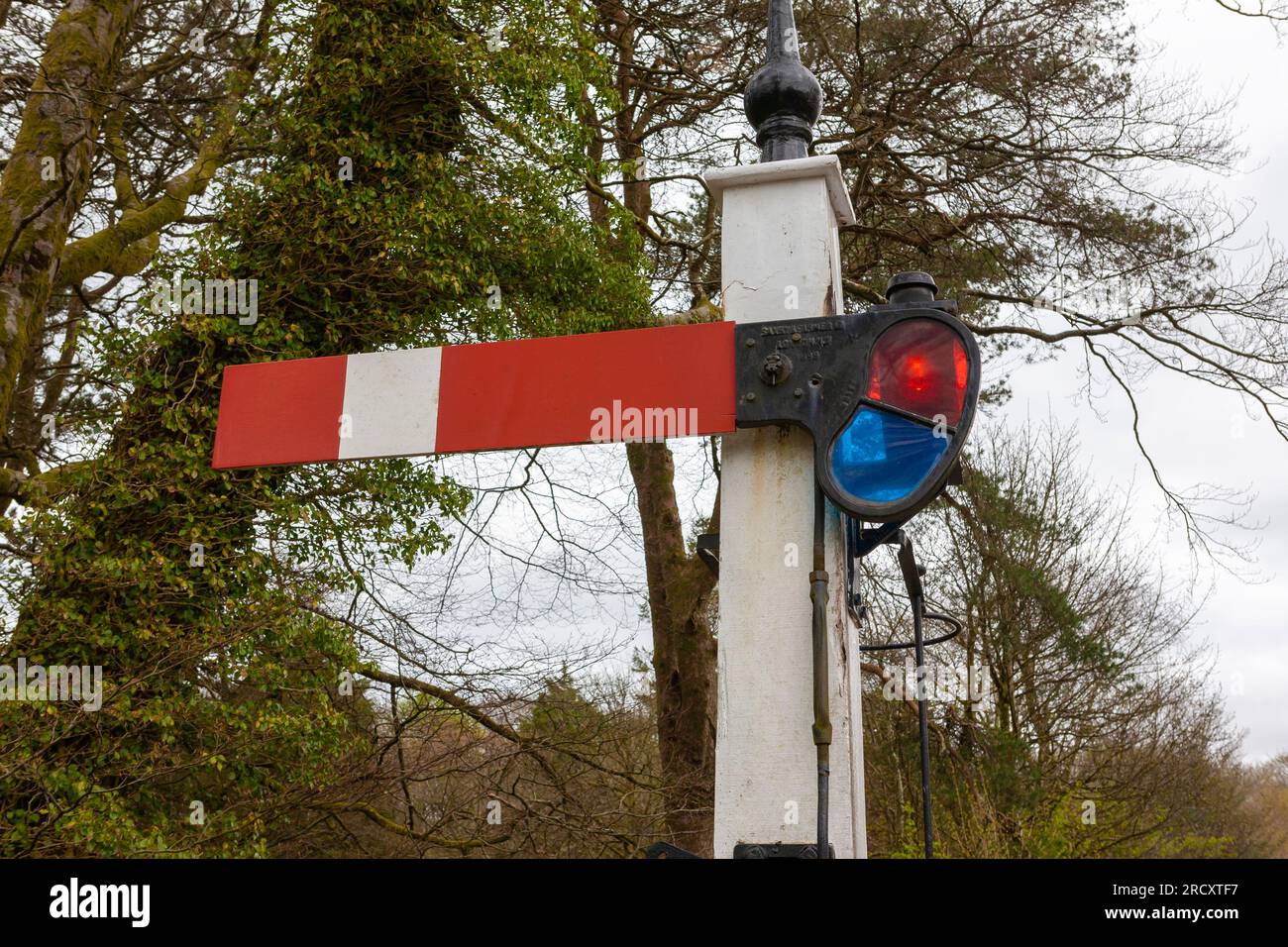 A traditional red and white British railways semaphore home or stop ...