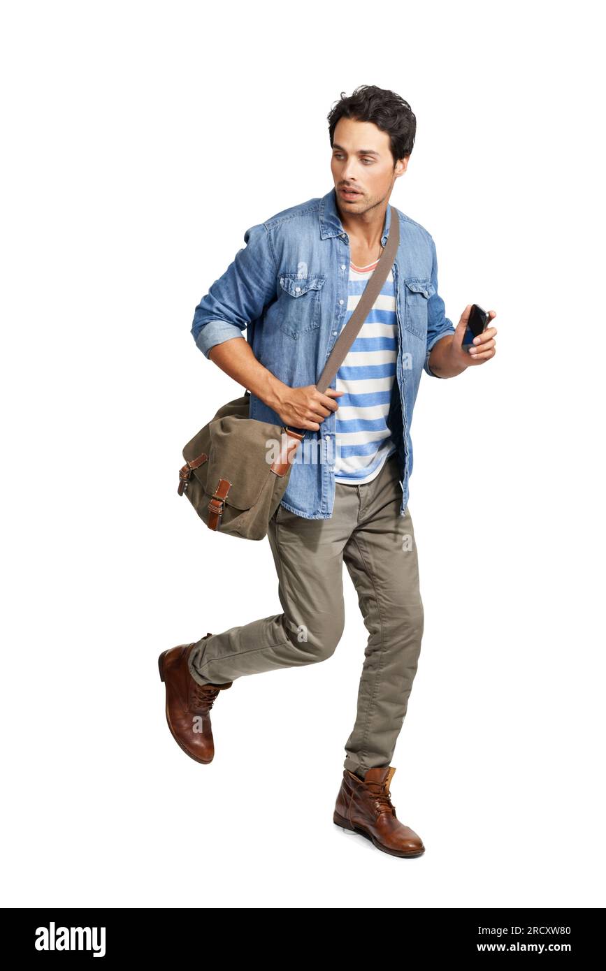 Isolated student man, bag and rush for travel, transport and late for ...