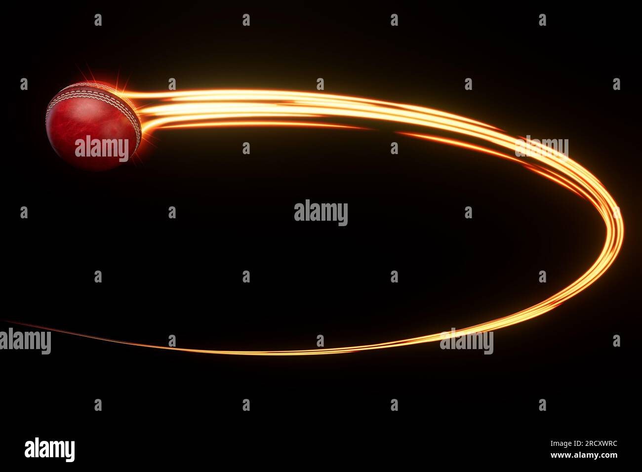 A red cricket sport ball flying through the air with a flowing ...