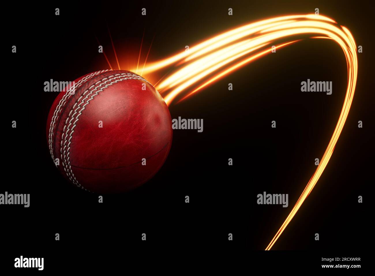 A red cricket sport ball flying through the air with a flowing ...