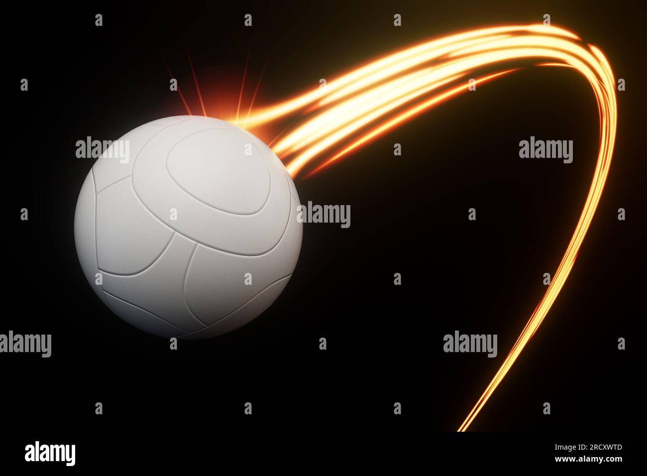 A football sport ball flying through the air with a flowing travelling ...