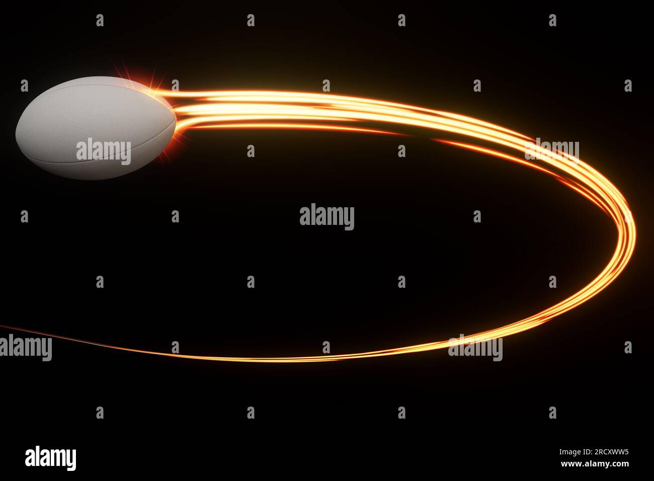A rugby sport ball flying through the air with a flowing travelling ...