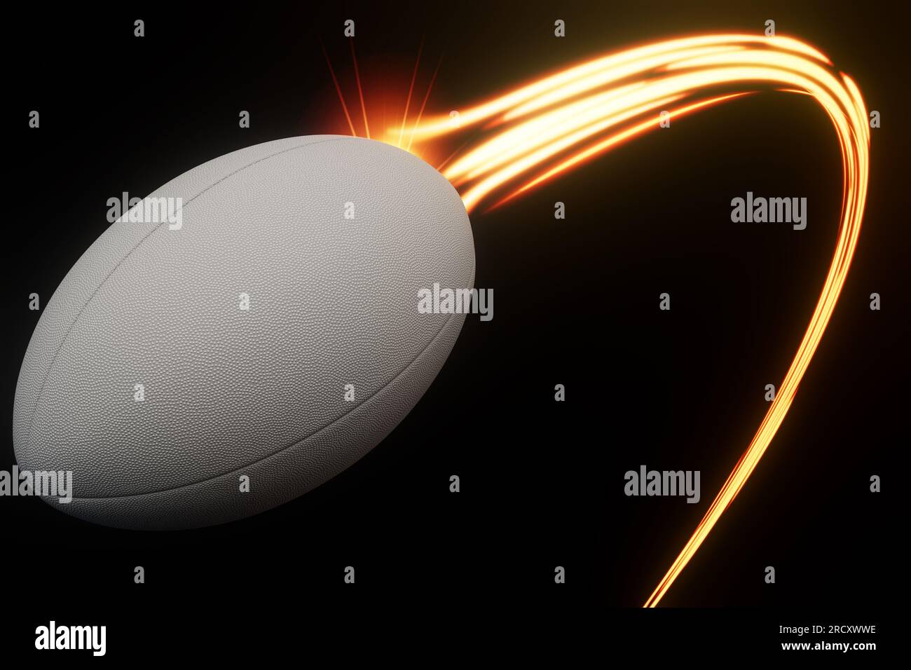 A rugby sport ball flying through the air with a flowing travelling ...