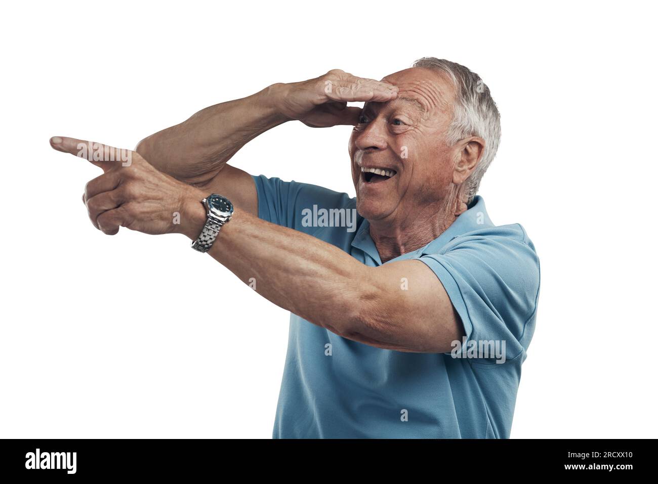 Surprise elderly man, looking far and pointing after discover with ...