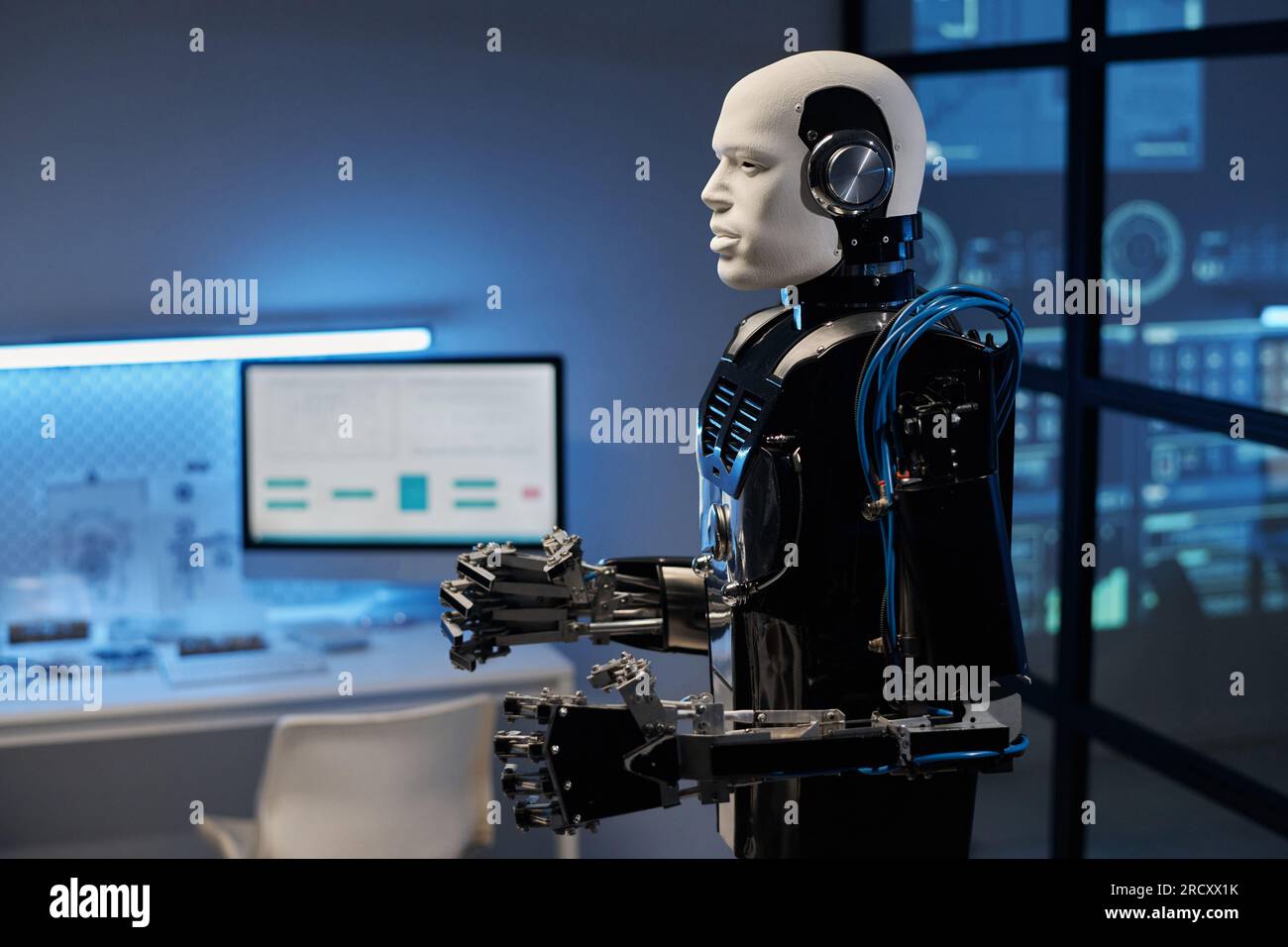 Horizontal image of robot cyborg being engineering in the laboratory ...