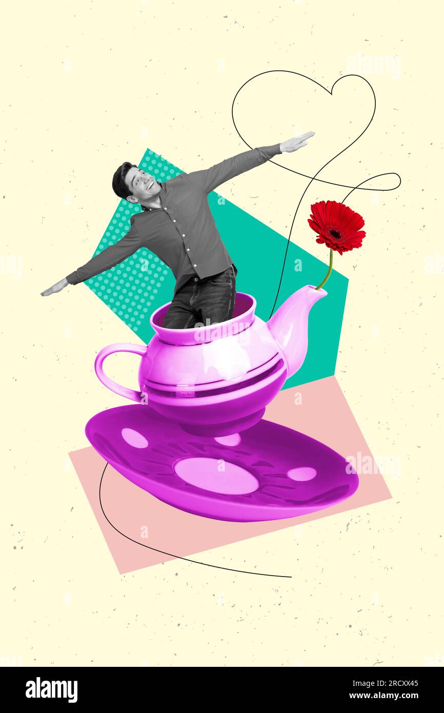 Collage image artwork caricature of cheerful funky guy inside teapot ...