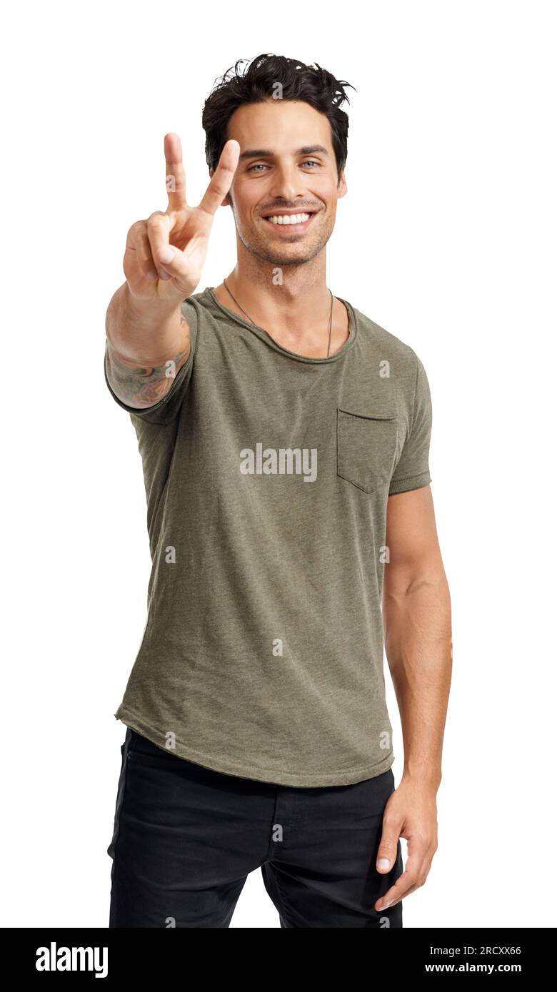 Peace, cool and portrait of happy man with a number isolated on ...