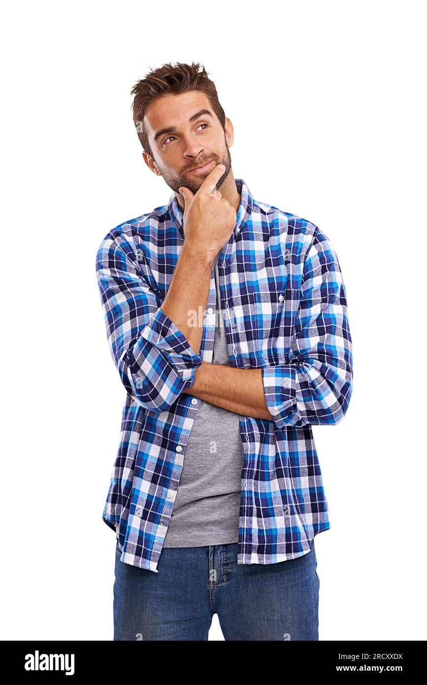 Thinking, memory and a man with a plan and emotion isolated on ...