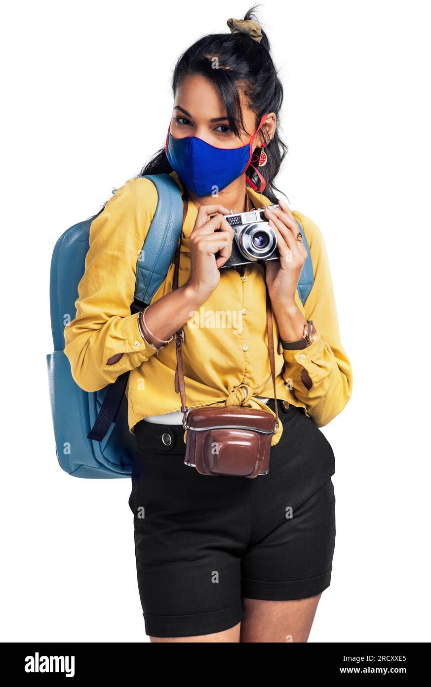 Camera, photographer and woman with a mask, travel and portrait ...