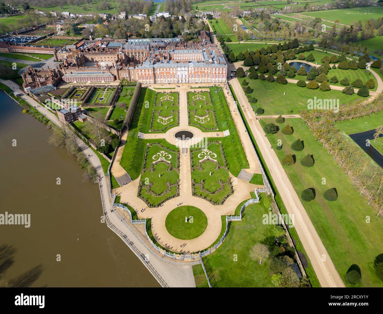 Aerial view of Hampton Court Palace South Front, Greater London ...
