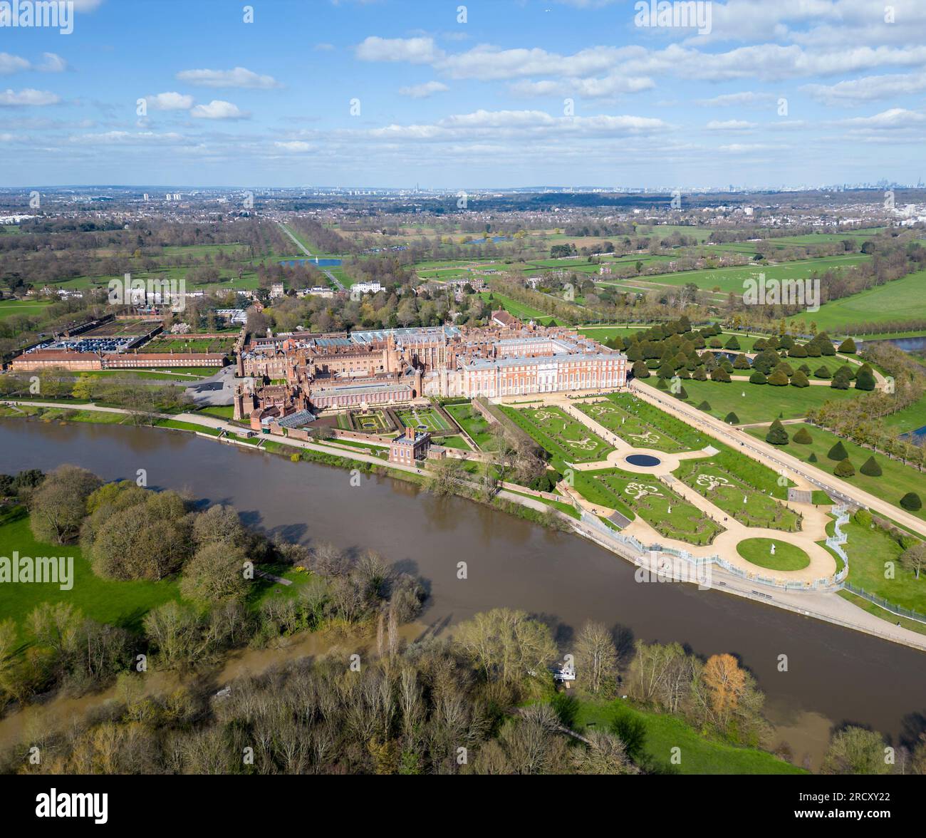 Aerial view of Hampton Court Palace South Front, Greater London ...