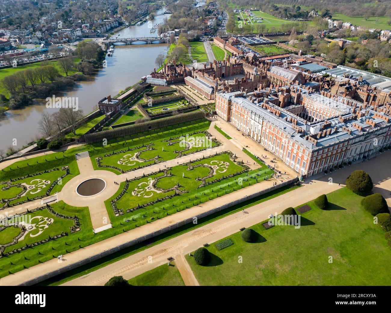 Aerial view of Hampton Court Palace South Front, Greater London ...