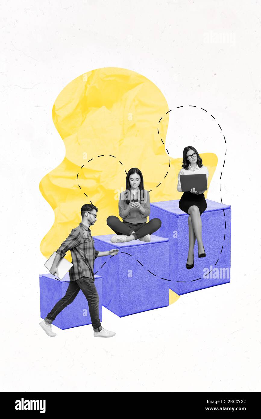 Poster artwork collage of three people sit platform work hard use ...