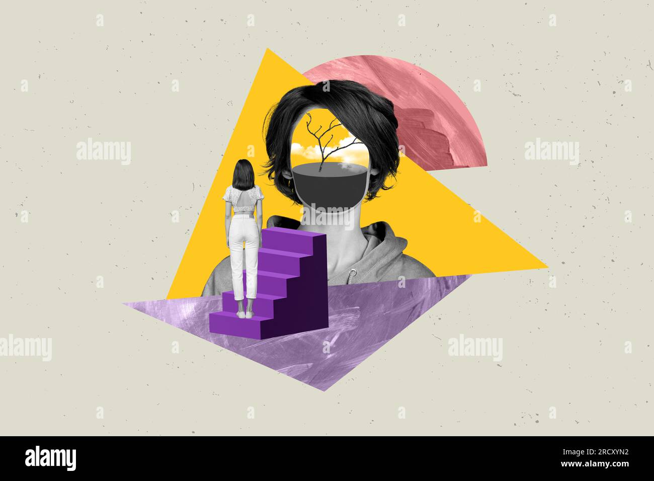 Creative trend collage of young female faceless head stairs scenery ...